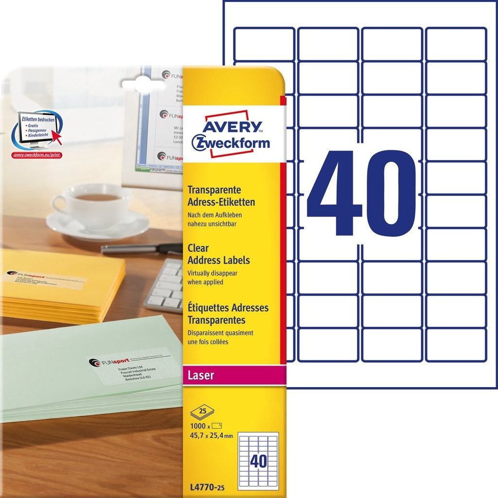 AVERY Etiquettes d'adresse 45,7 x 25,4 mm, laser, transparent en stock ... AVERY Etiquettes d'adresse 45,7 x 25,4 mm, laser, transparent en stock ...